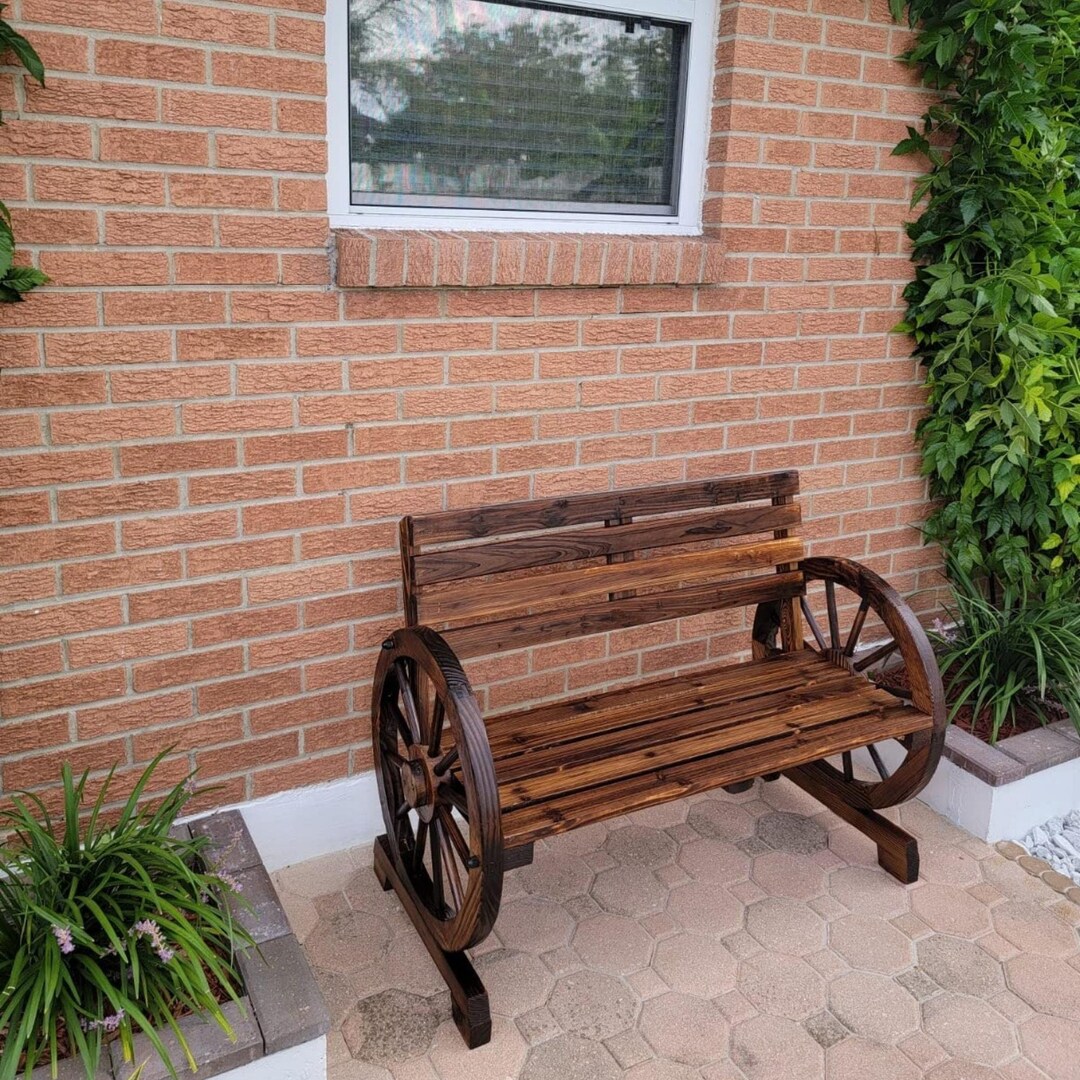 Slatted Wood Wagon Wheel Bench Rustic Country Design Outdoor - Etsy