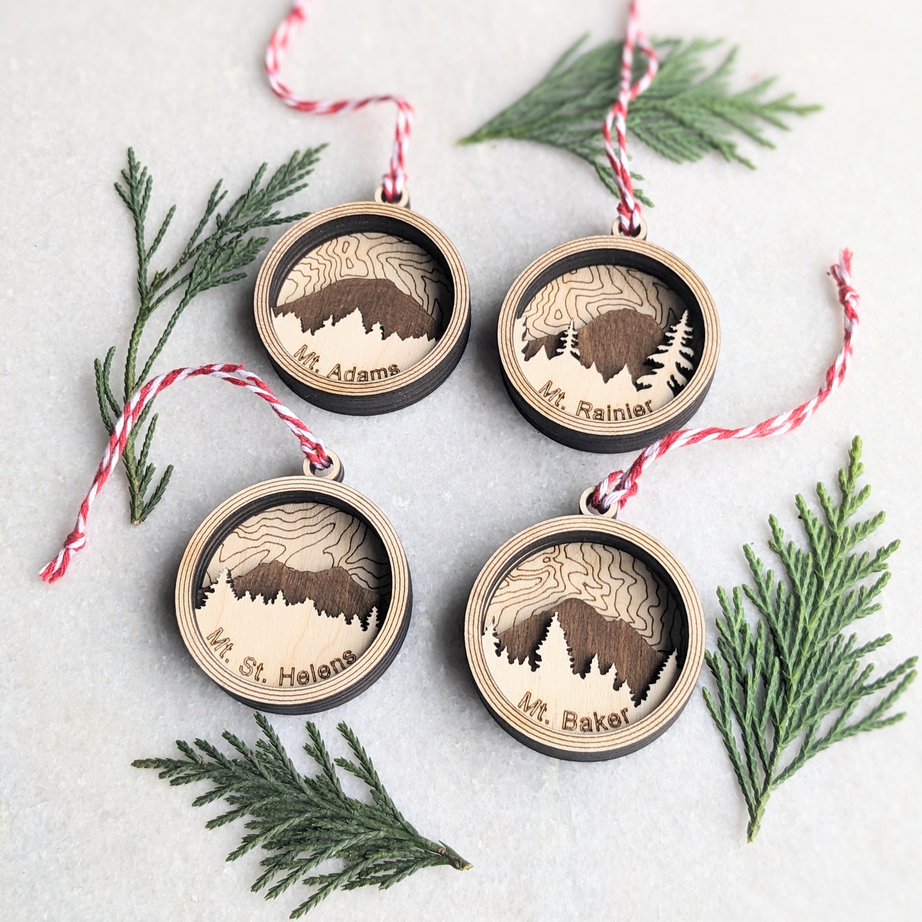Set of Four 3D Wooden Christmas Ornaments Mount Baker Rainier Adams ...