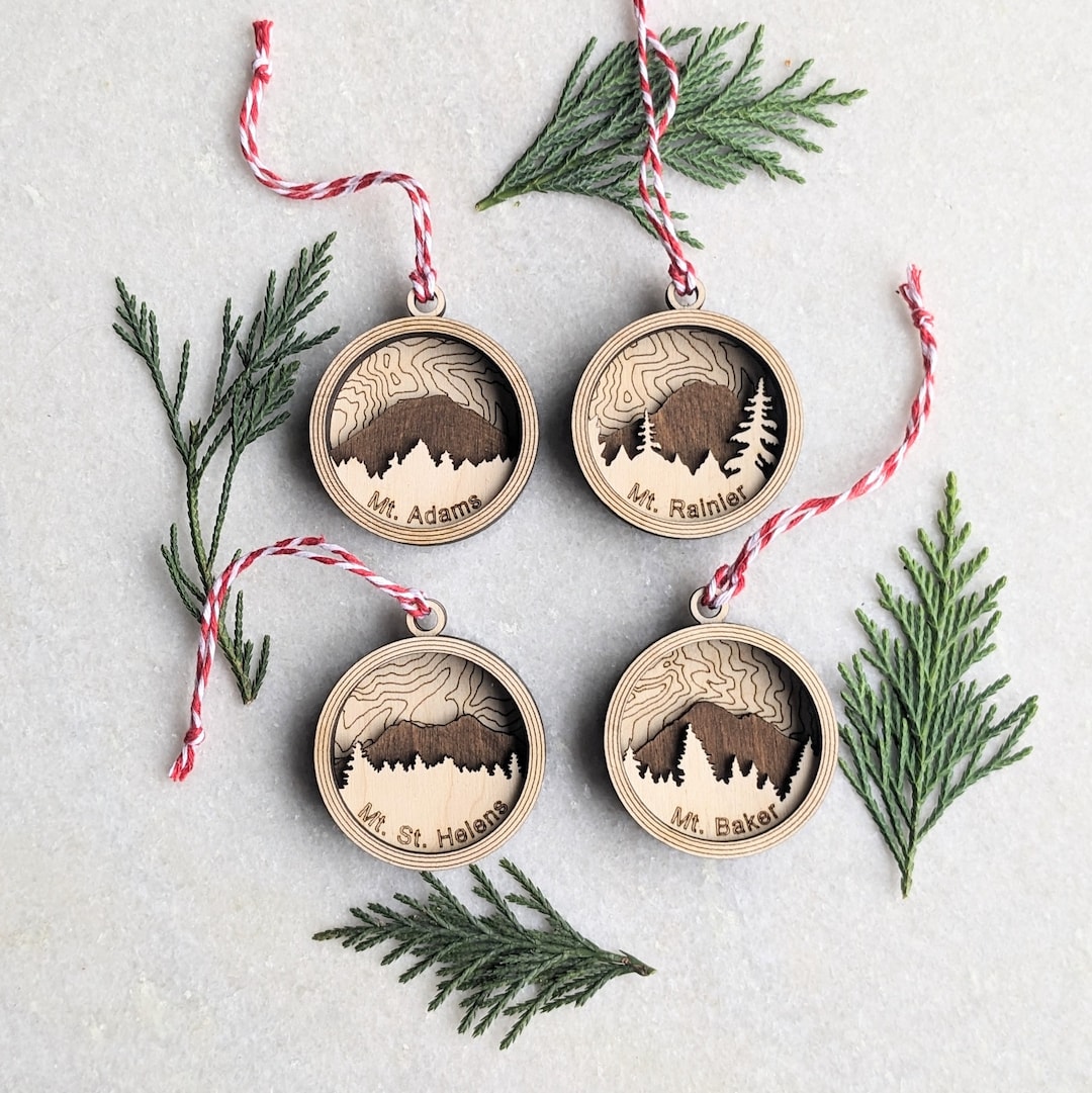 Set of Four 3D Wooden Christmas Ornaments Mount Baker Rainier Adams ...