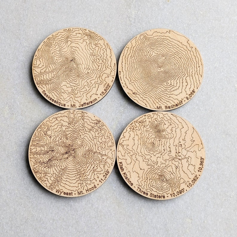 Oregon Volcano Wooden Coasters Pacific Northwest Mountains Topographic ...