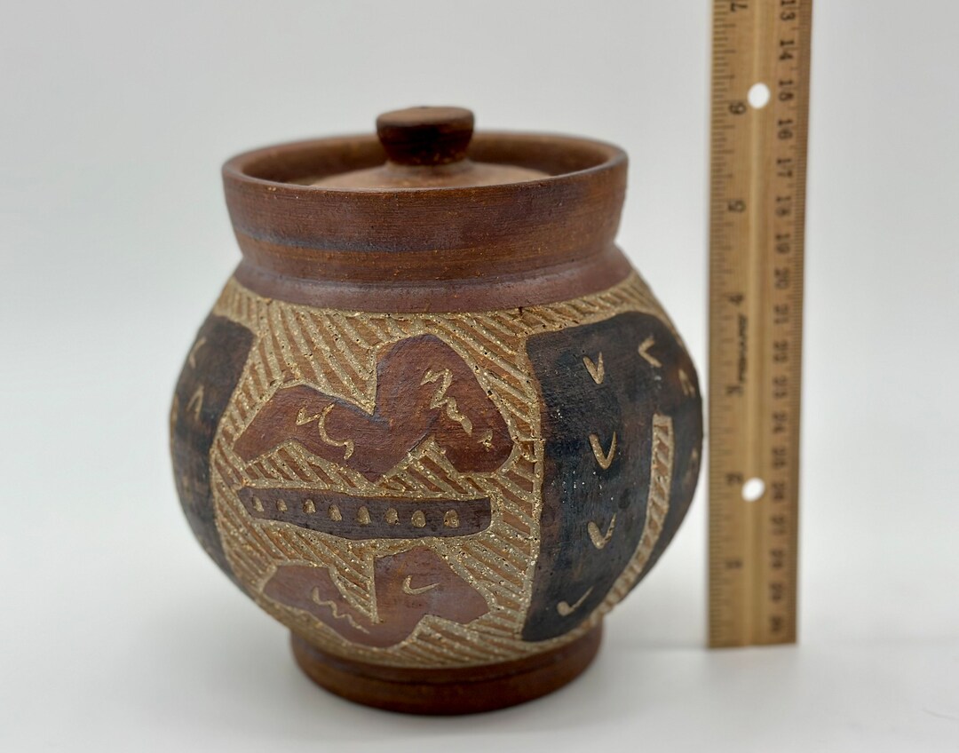 Vintage DD Tinsman Pottery Container: Signed Folk Art With Tribal ...