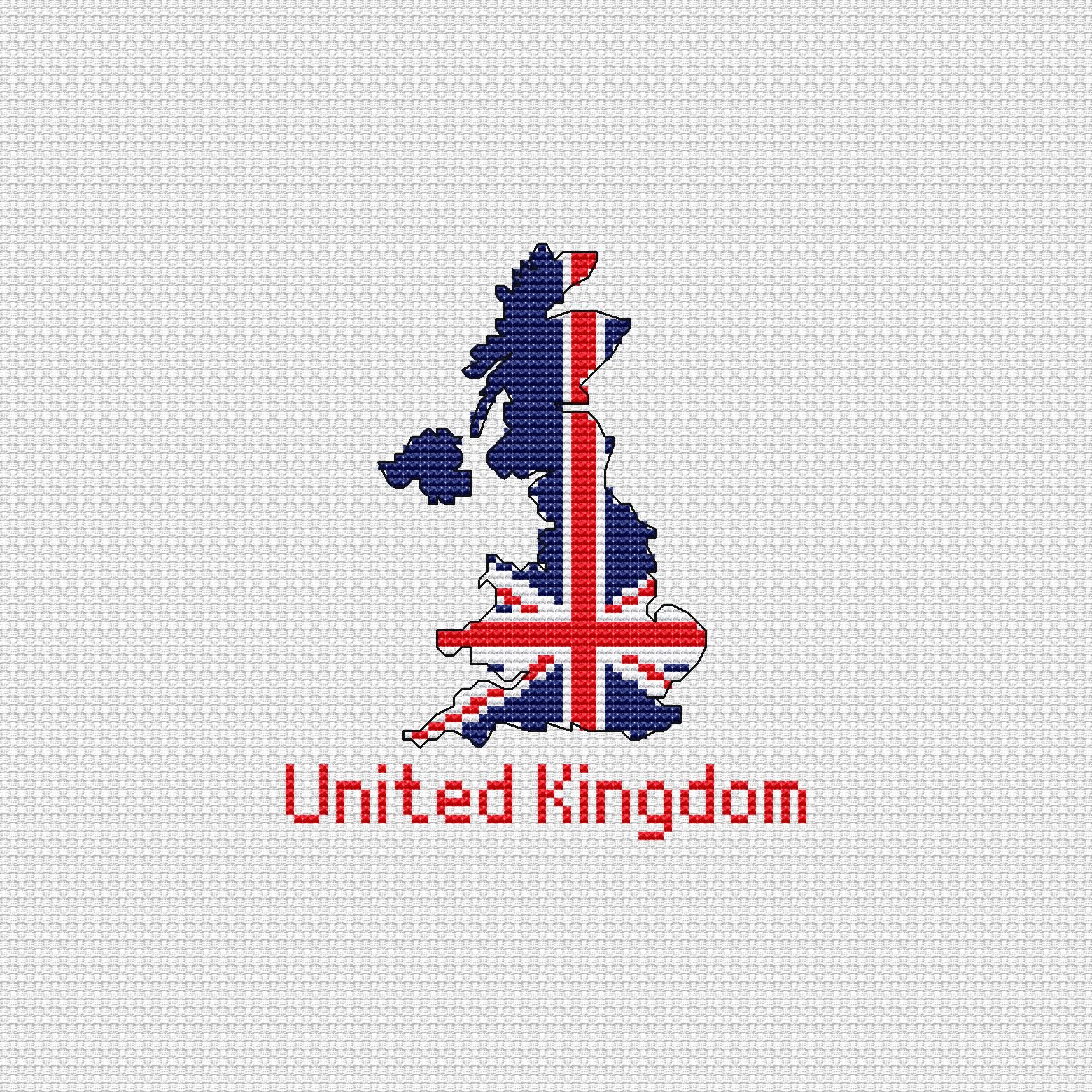 United Kingdom Map Cross Stitch Pattern Modern, Great Britain Flag ...