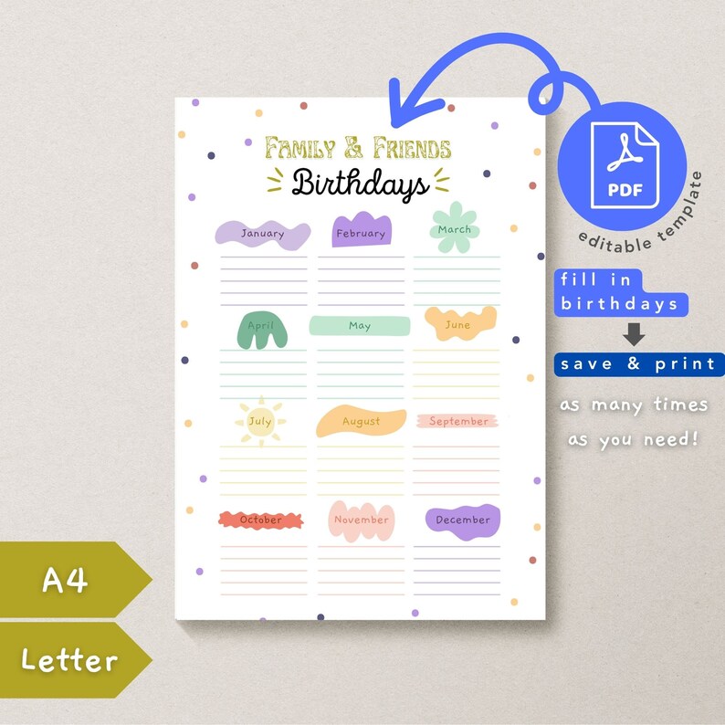 Family and Friends Birthday Tracker | Printable Celebration Board ...