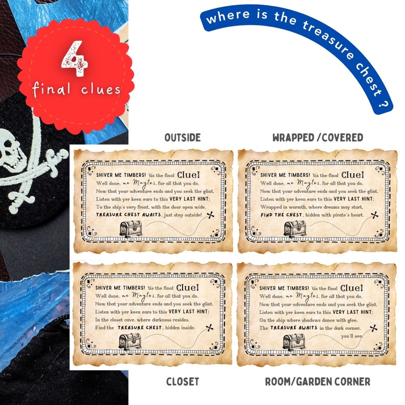 Pirate Treasure Hunt Clues | Kids Indoor Hunt, Printable Clue Cards ...
