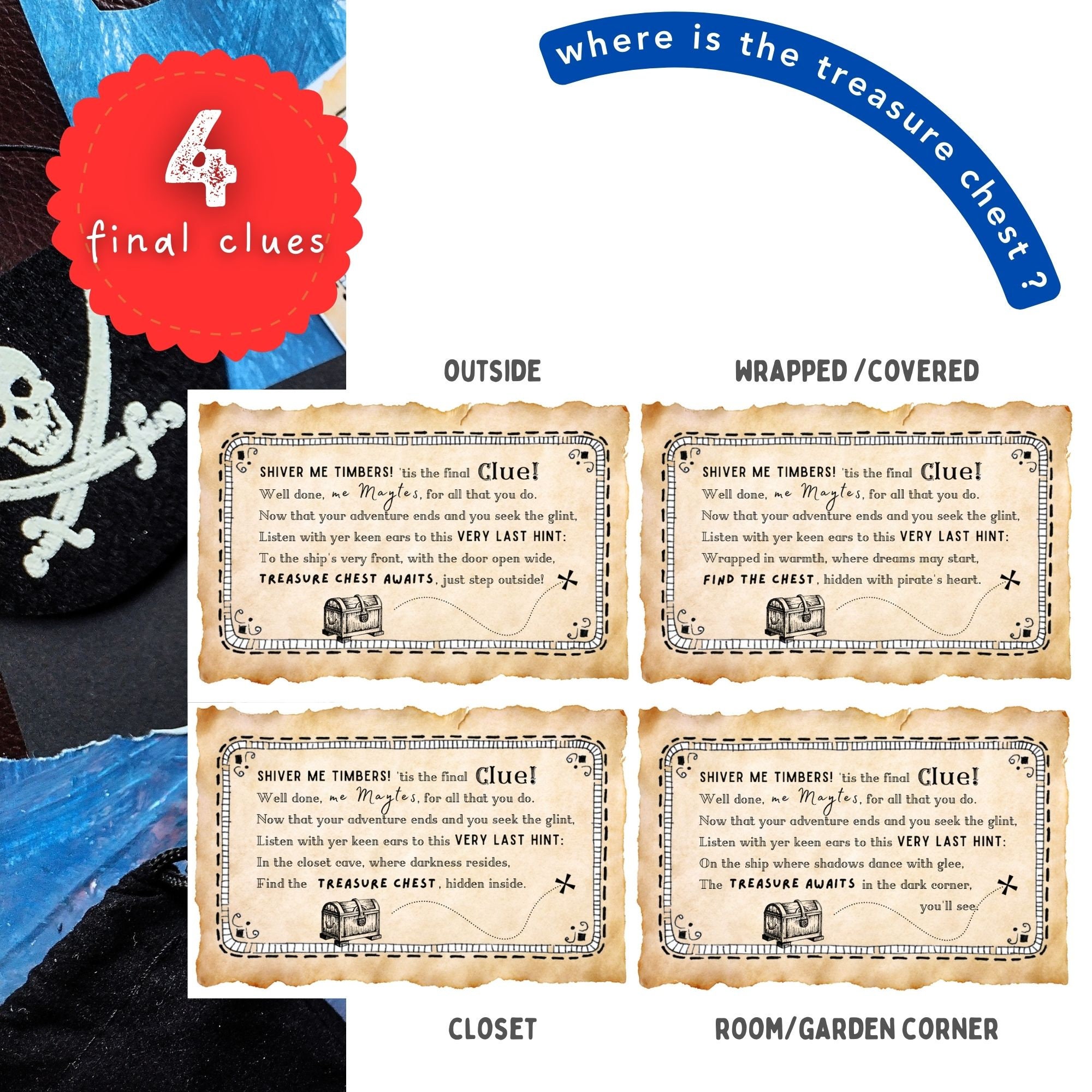 Pirate Treasure Hunt Clues | Kids Indoor Hunt, Printable Clue Cards ...