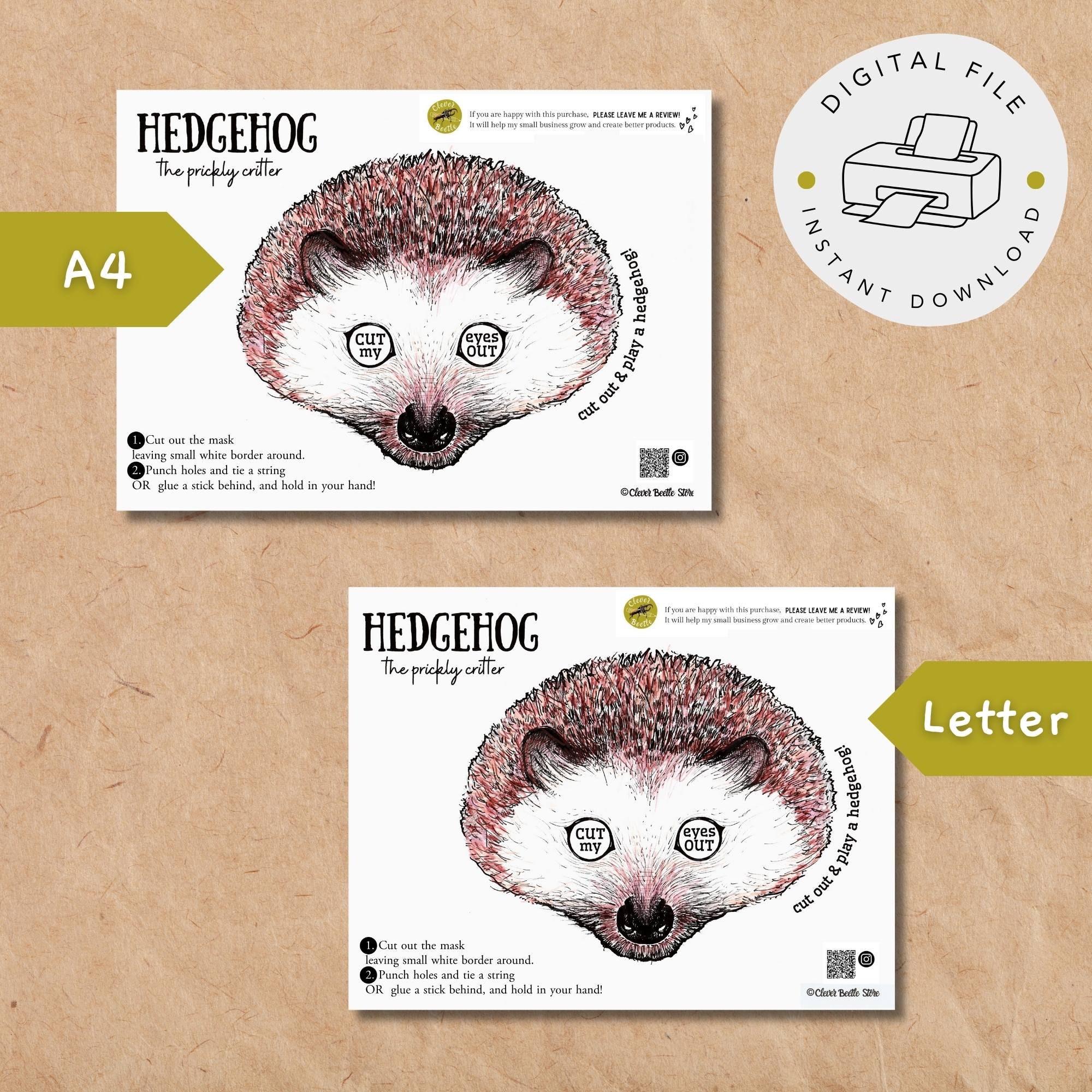 HEDGEHOG Mask Hand Illustrated Printable Hedgehog Paper Mask, Hedgehog ...