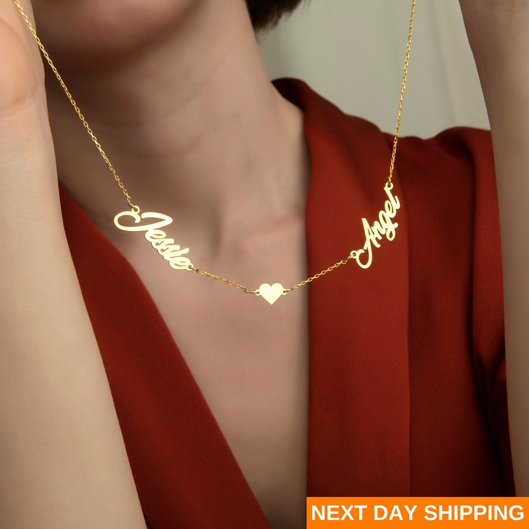 14k Gold Couple Name Necklace With Heart, Two Name Necklace, Nameplate ...