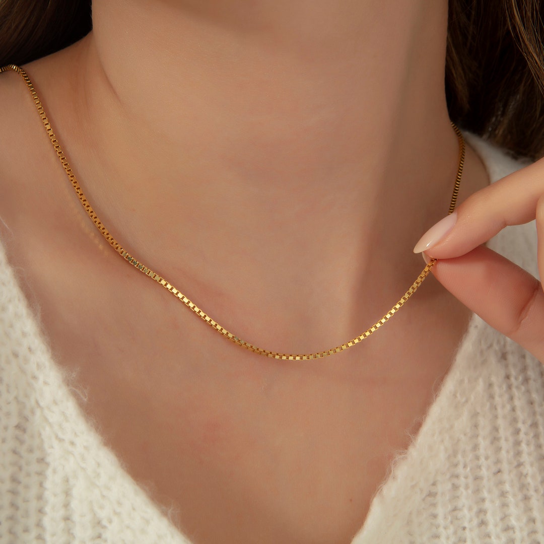 14k Gold Box Chain Necklace, Round Box Chain Necklace, Dainty Box Chain ...