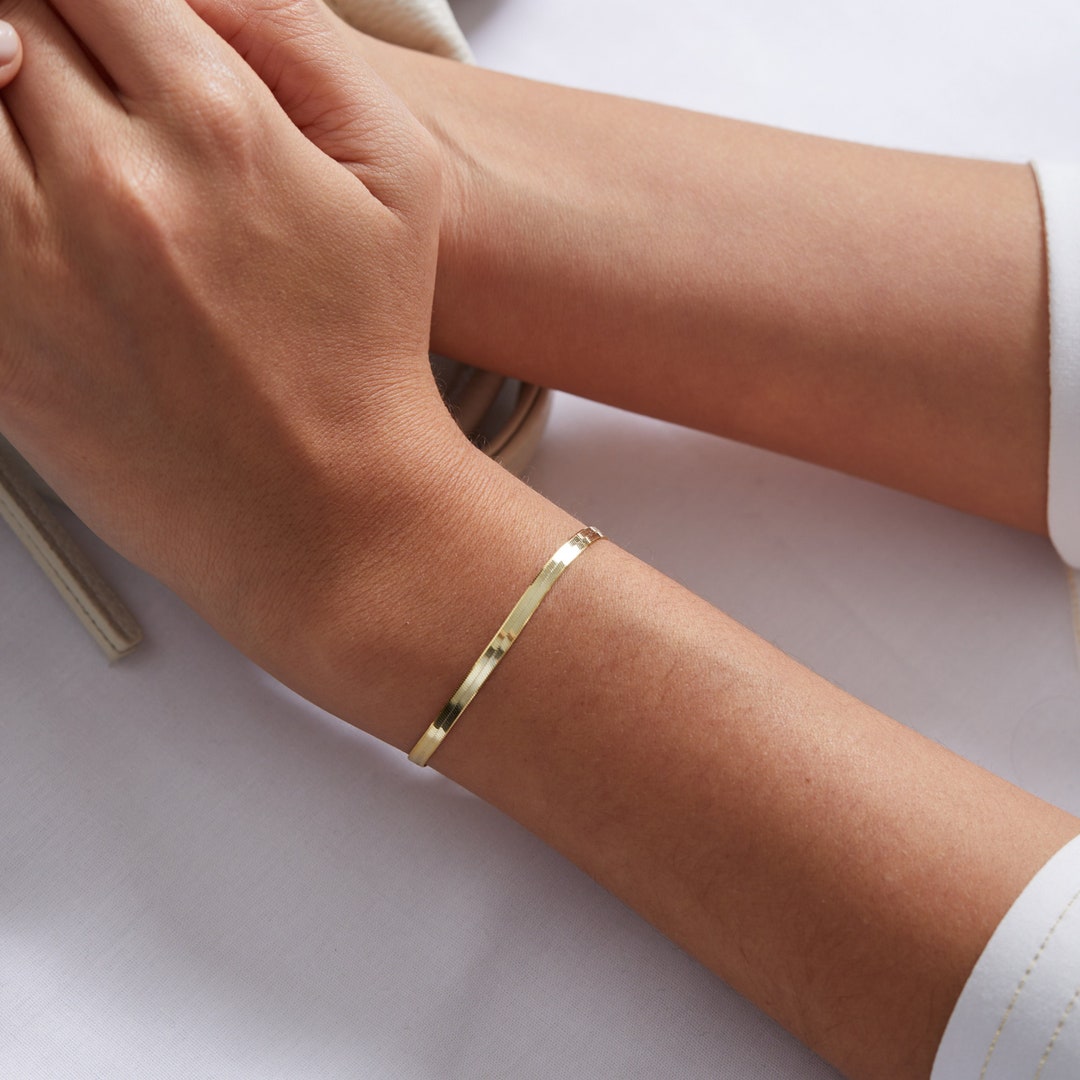 14k Gold Snake Chain Bracelet, Herringbone Chain Bracelet, 4-9 Inch ...