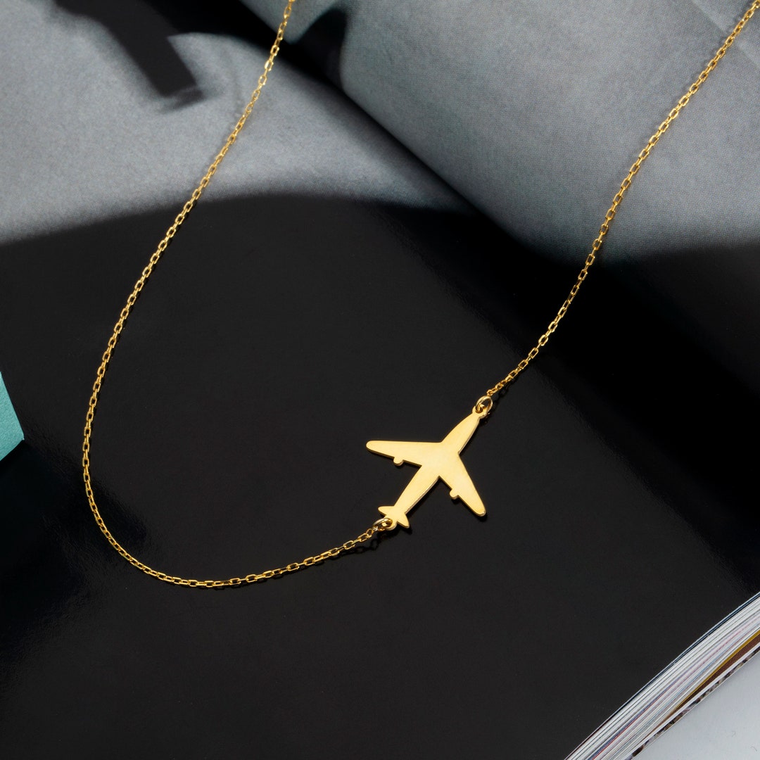 14k Gold Airplane Necklace, Sideways Airplane Necklace, Travel Lover ...