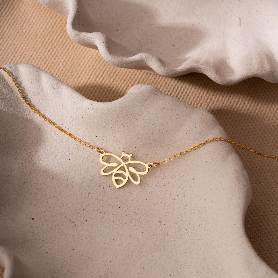 14k Gold Tiny Honey Bee Necklace, Dainty Bee Pendant, Honey Bee Charm ...