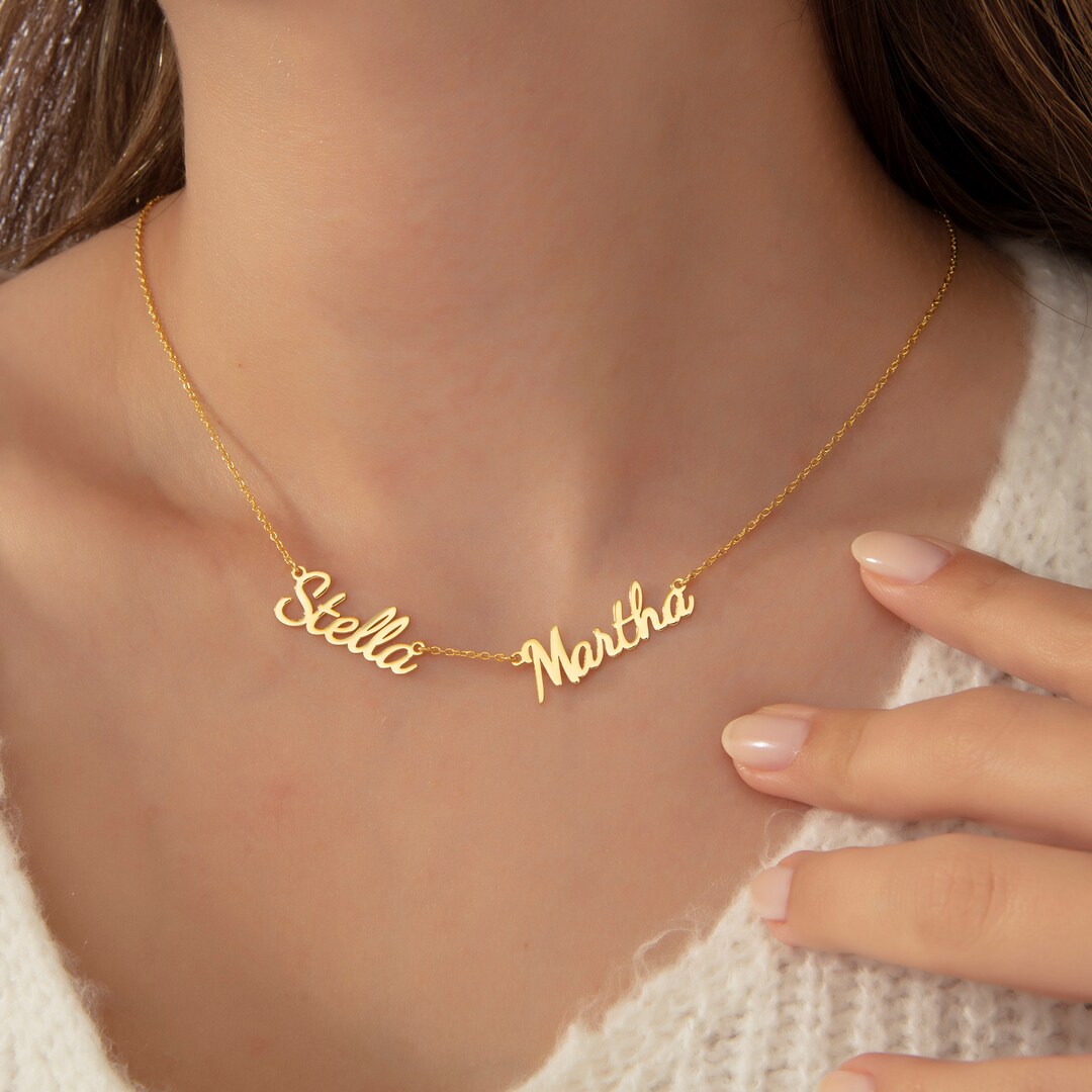 14k Gold Two Name Necklace Custom Double Name Necklace 2 Nameplate