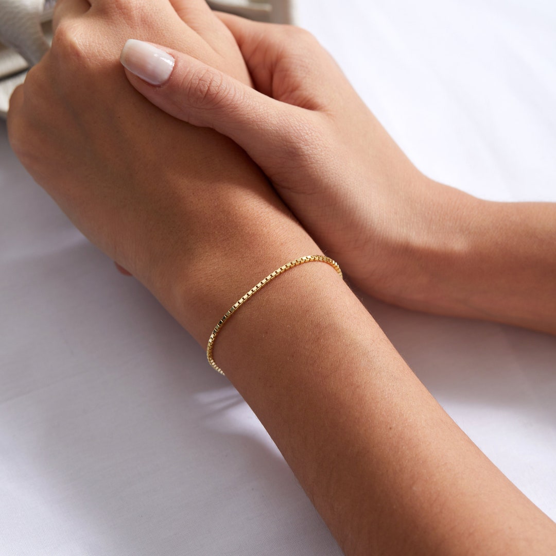 14k Gold Box Chain Bracelet, Round Box Chain Bracelet, Layering Bracelet, Adjustable Bracelet ...