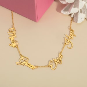 14k Gold Multiple Name Necklace, Custom 4 Name Plate Necklace, Family Name Necklace, Baby Name ...
