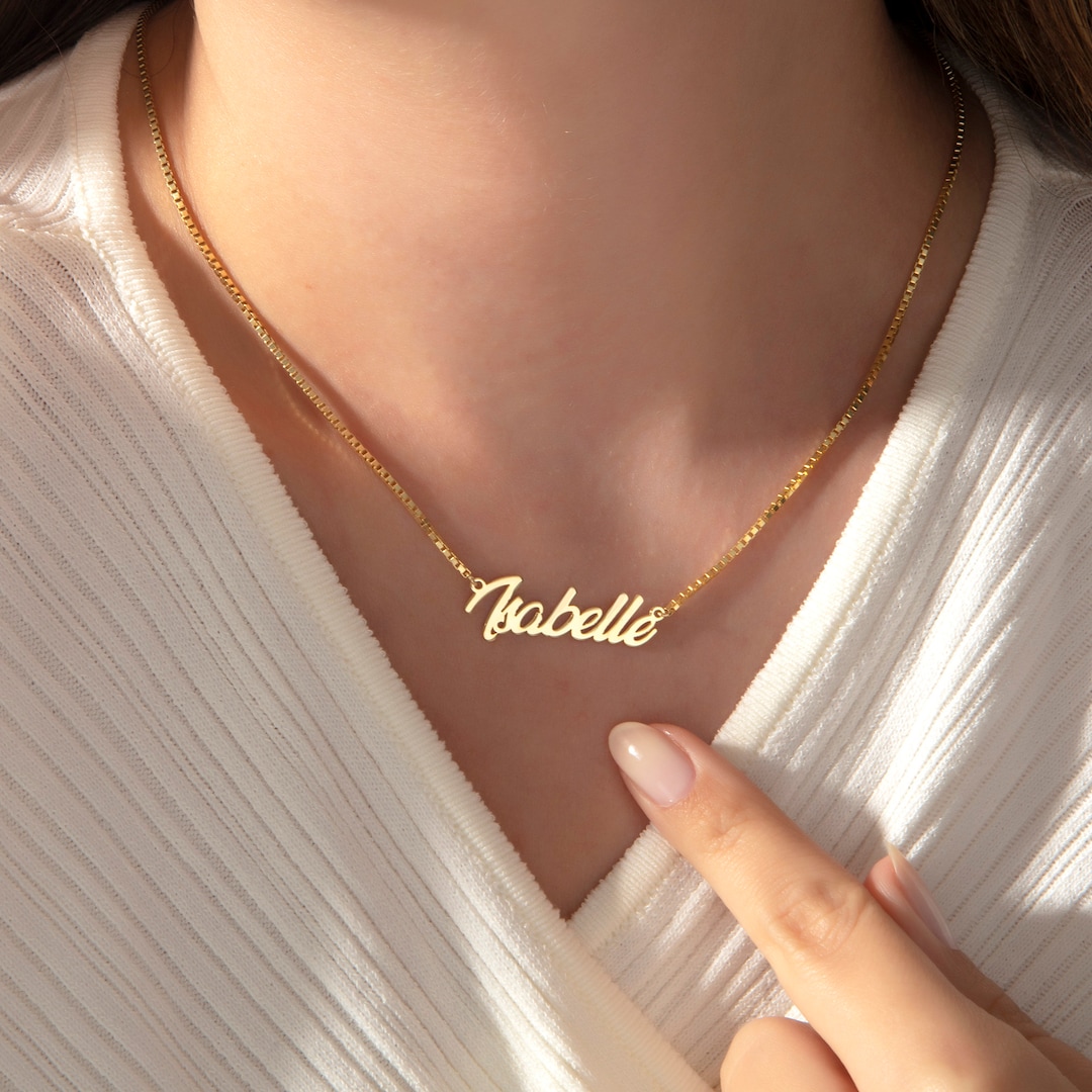 14k Gold Name Necklace With Box Chain, Custom Name Necklace, Box Chain ...