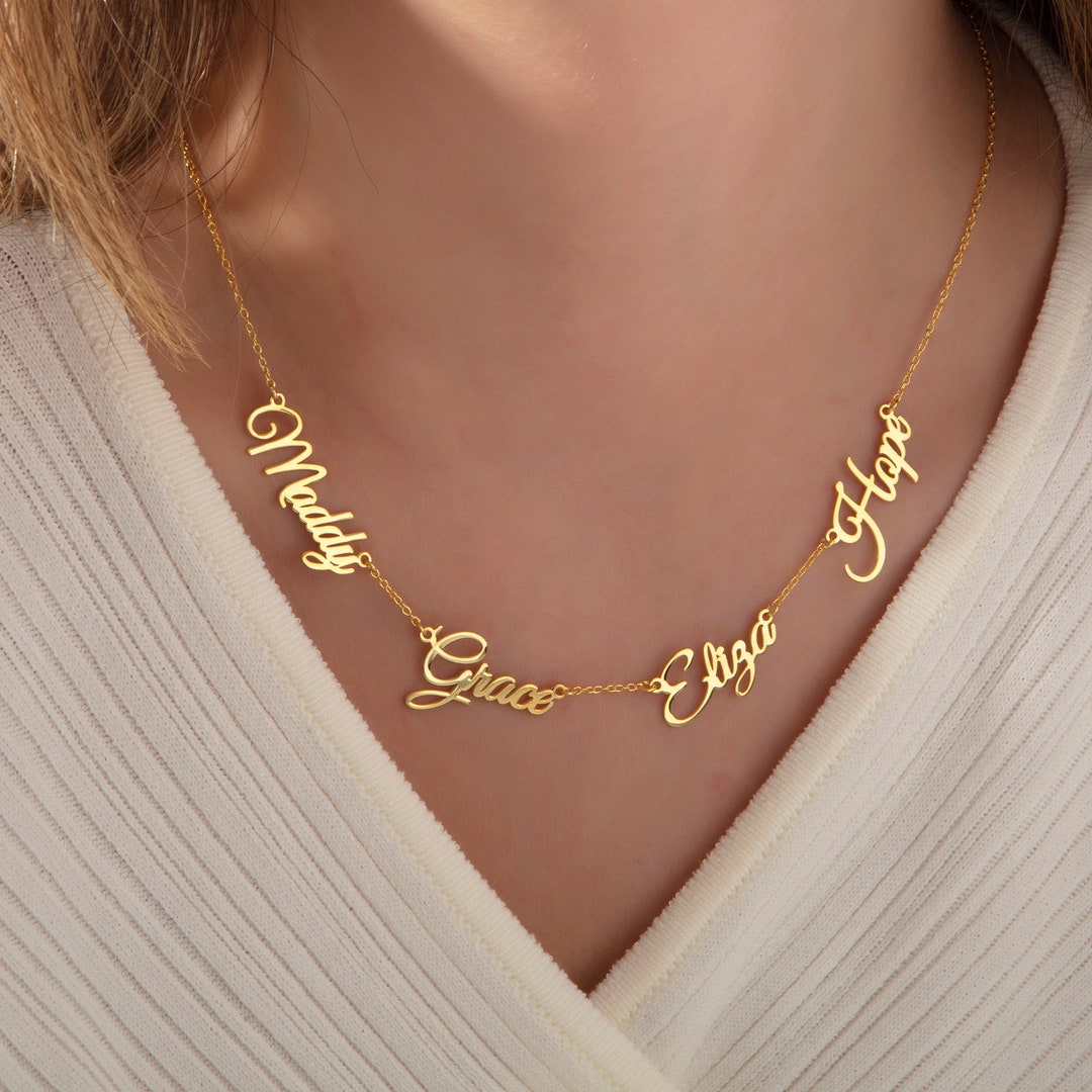 14k Gold Multiple Name Necklace, Custom 4 Name Plate Necklace, Family ...