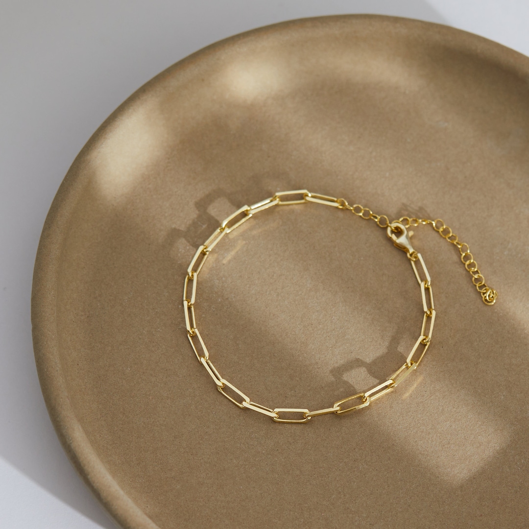 14k Gold Paperclip Chain Bracelet, Dainty Paper Clip Chain Bracelet ...