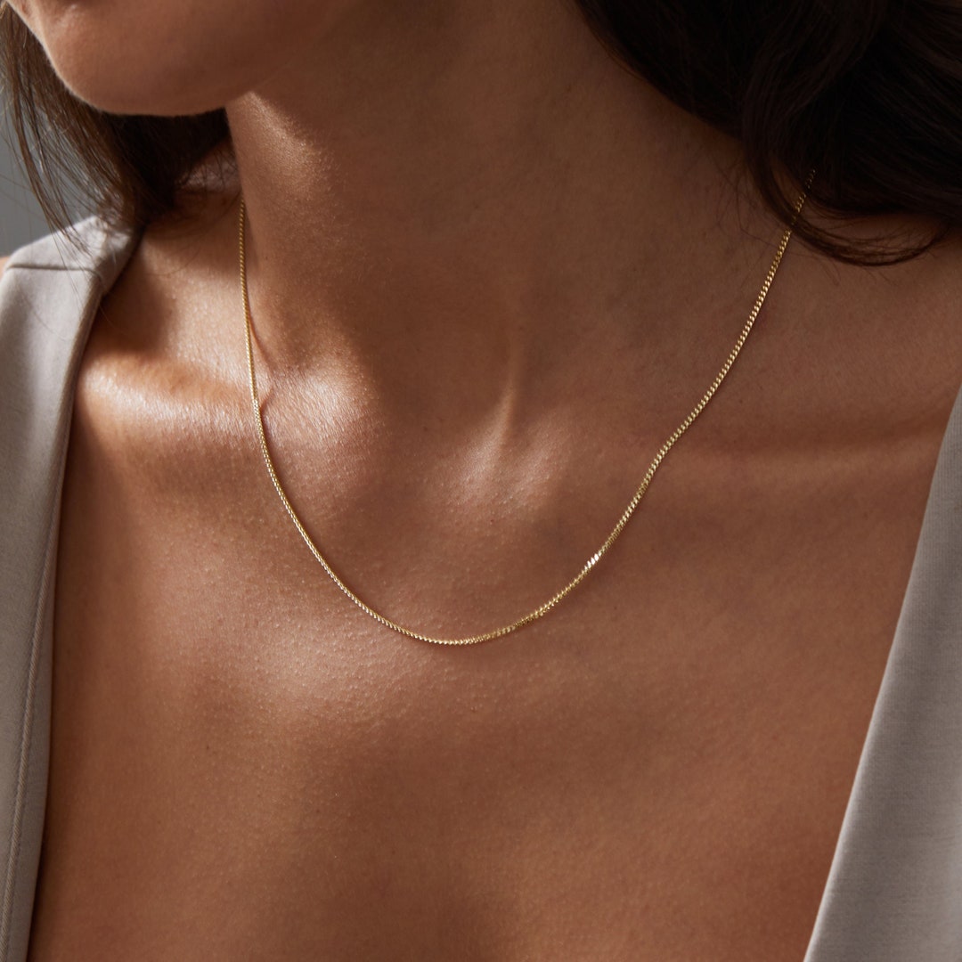 14k Gold Thin Curb Chain Necklace, Vine Chain Necklace, Dainty Gold ...