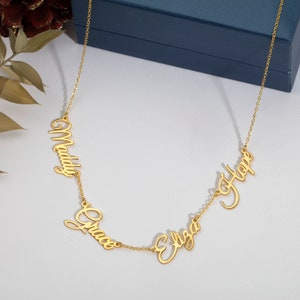 14k Gold Multiple Name Necklace, Custom 4 Name Plate Necklace, Family Name Necklace, Baby Name ...