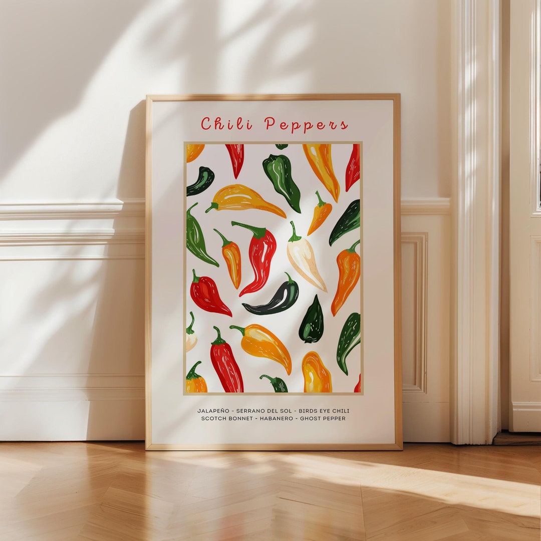 Chili Peppers Wall Art, Hand-drawn Spicy Pepper Illustration for ...