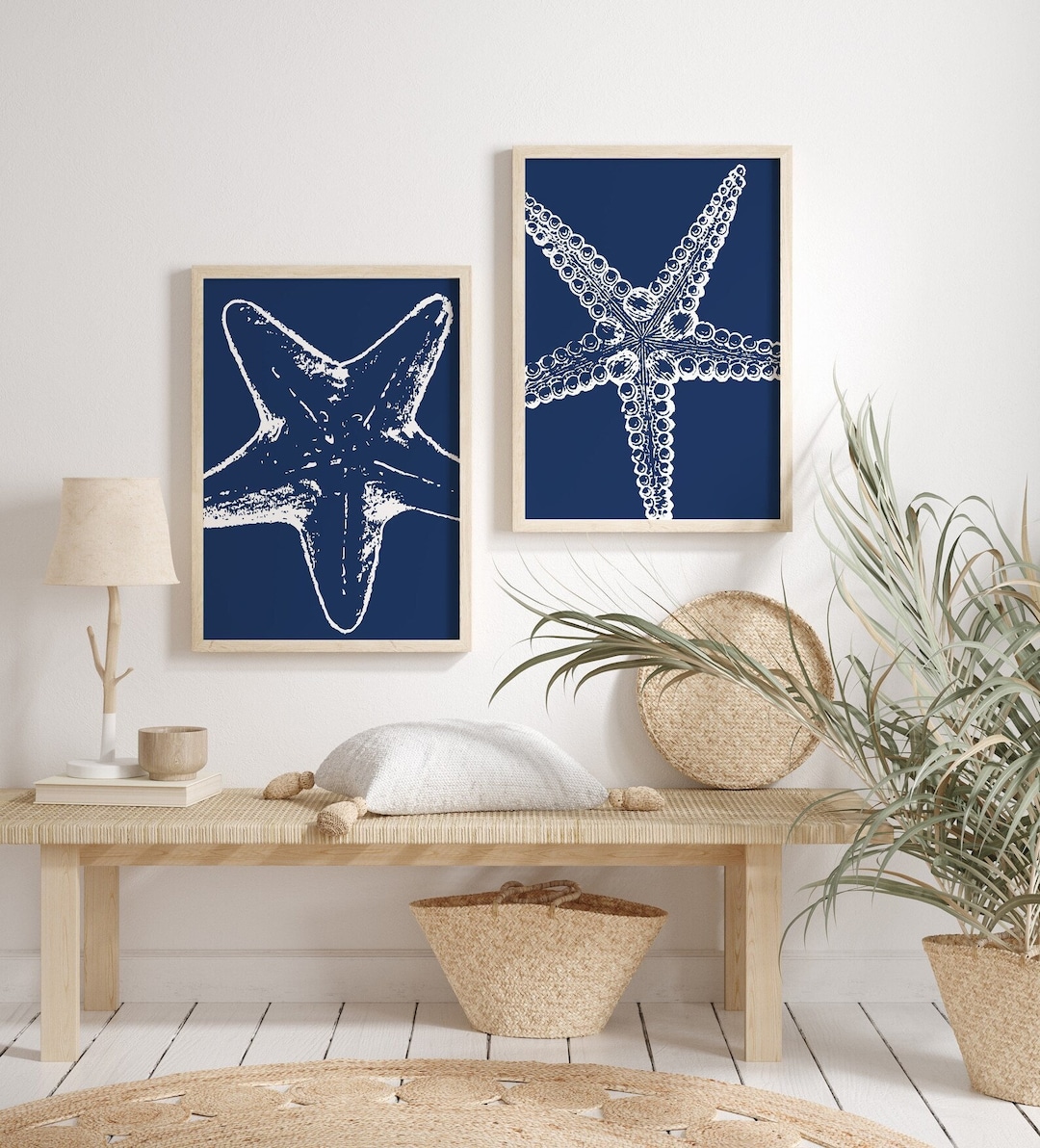 Coral Seaweed, Navy Blue Watercolor Set of 2 Prints, Beach Gallery Wall ...