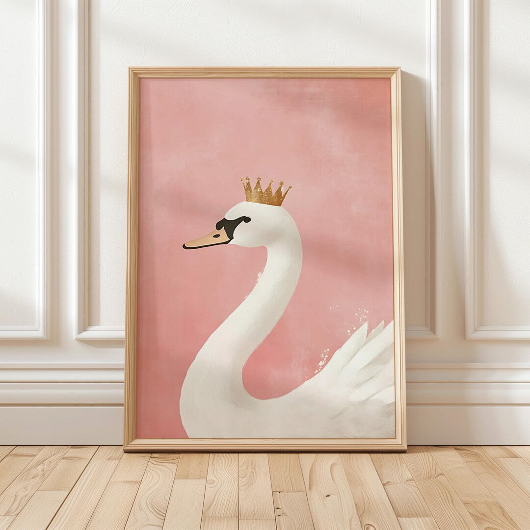 Elegant Swan Princess Print, Gold Crown Wall Art, Pink Aesthetic Decor ...