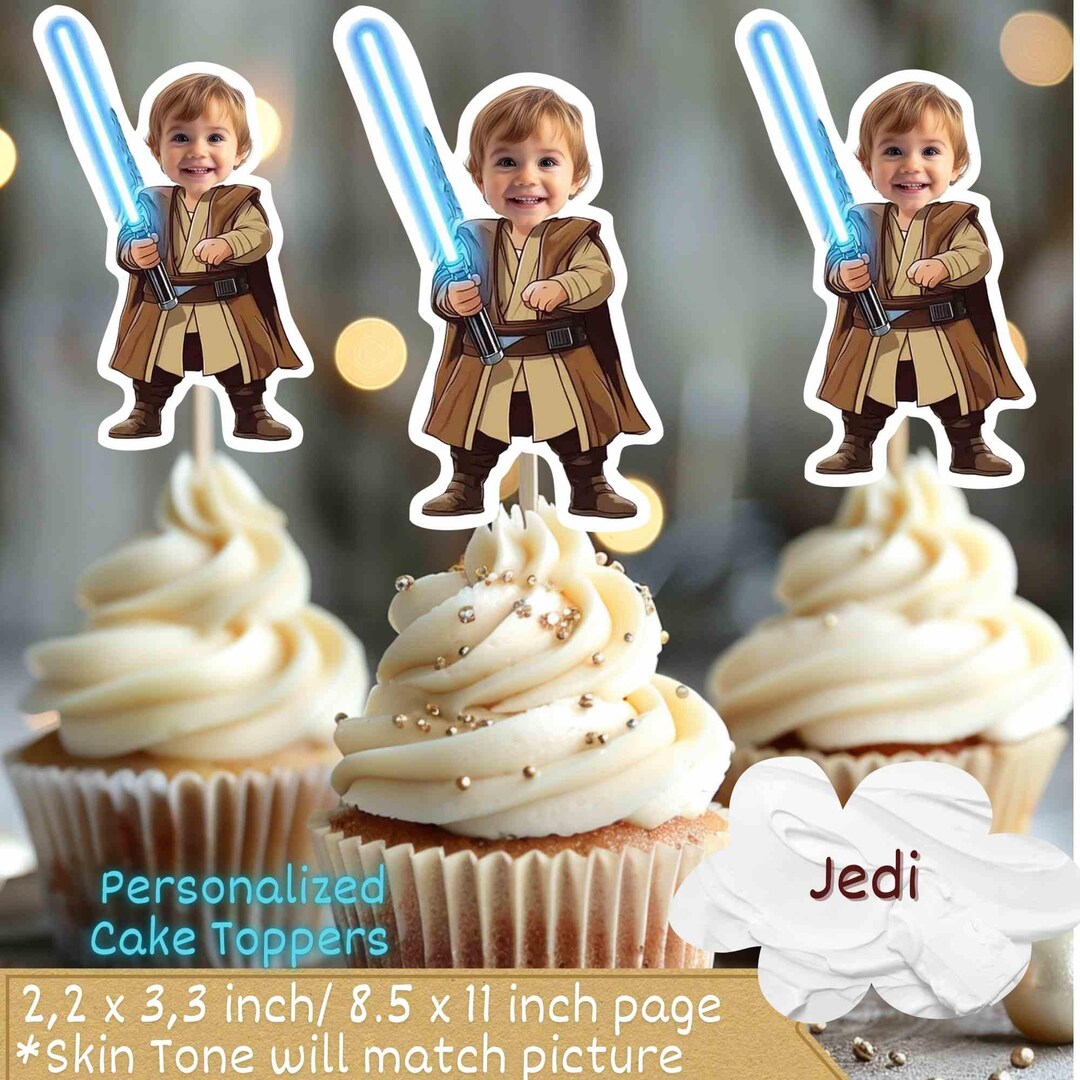 Jedi Cupcake Topper, Personalized Jedi Face, Custom Face Cupcake Topper ...