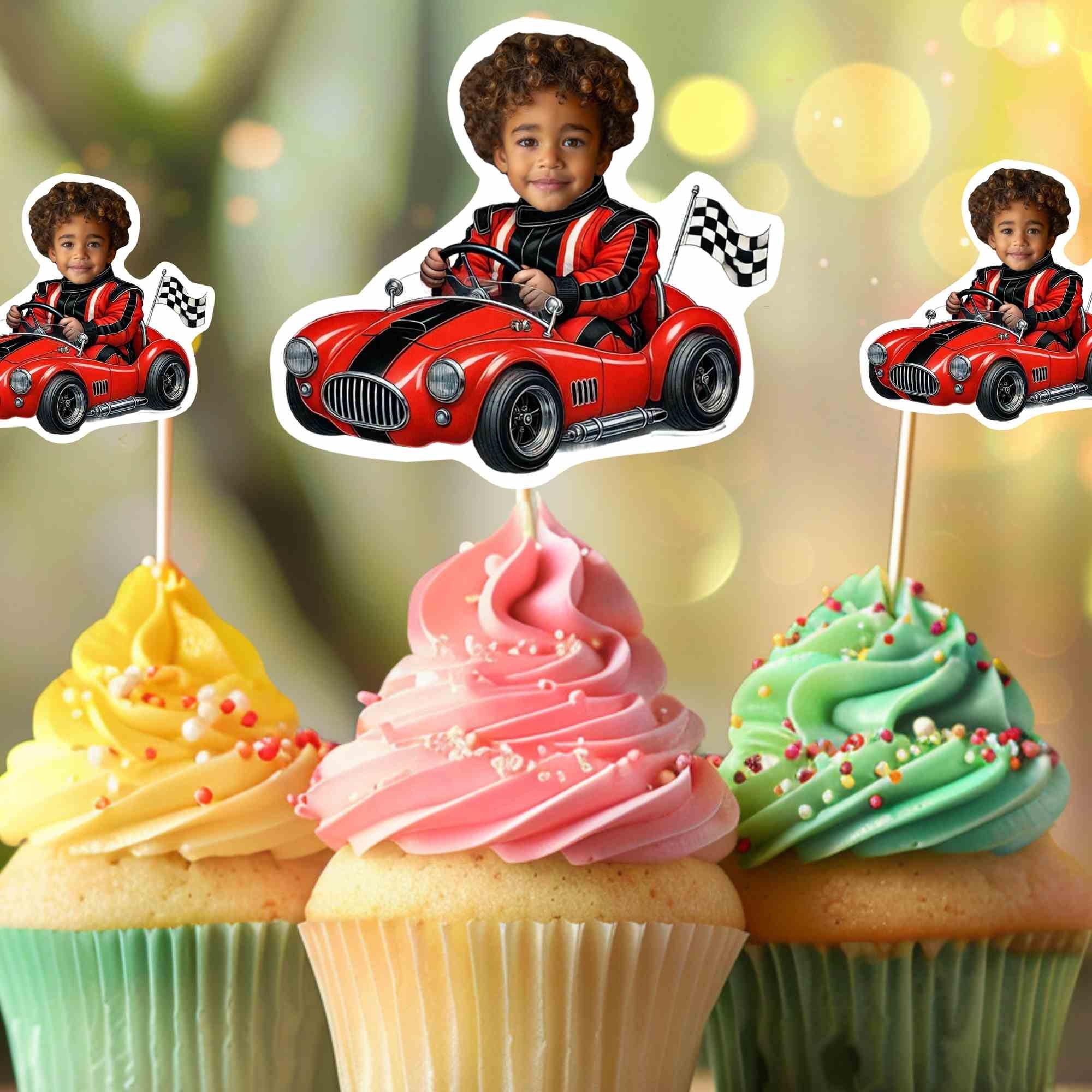 Race Car Photo Cupcake Toppers Personalized, Black Boy Face Red Car ...