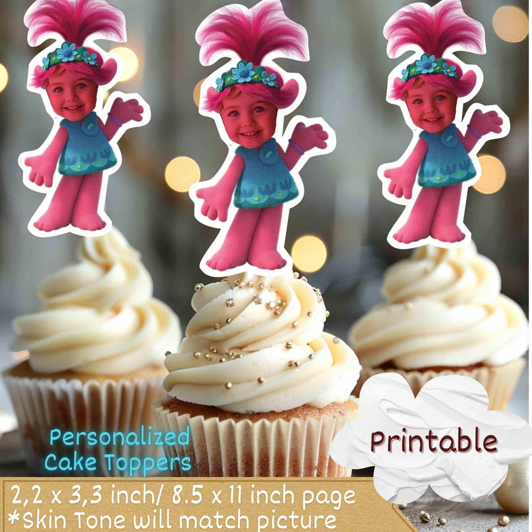 Poppy Inspired Personalized Face Cupcake Toppers, Troll Cupcake Toppers ...