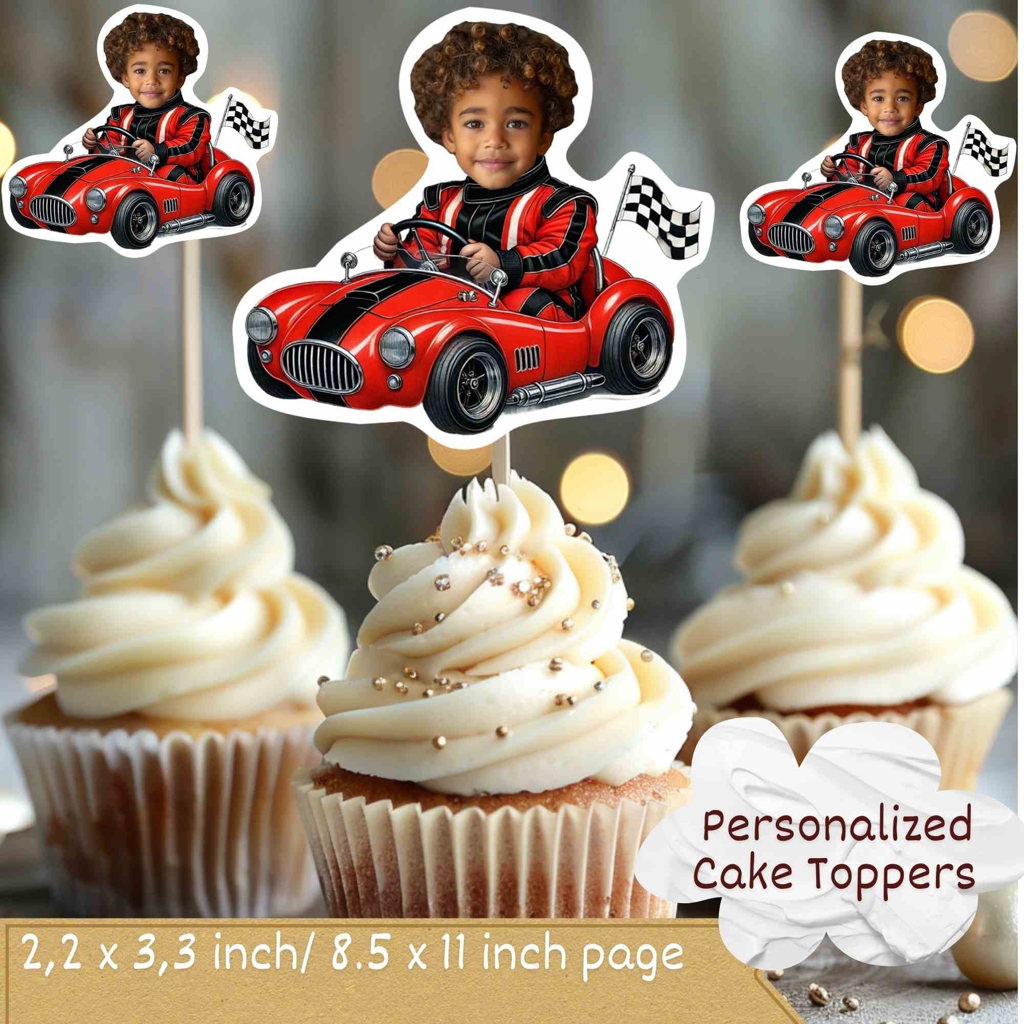 Race Car Photo Cupcake Toppers Personalized, Black Boy Face Red Car ...