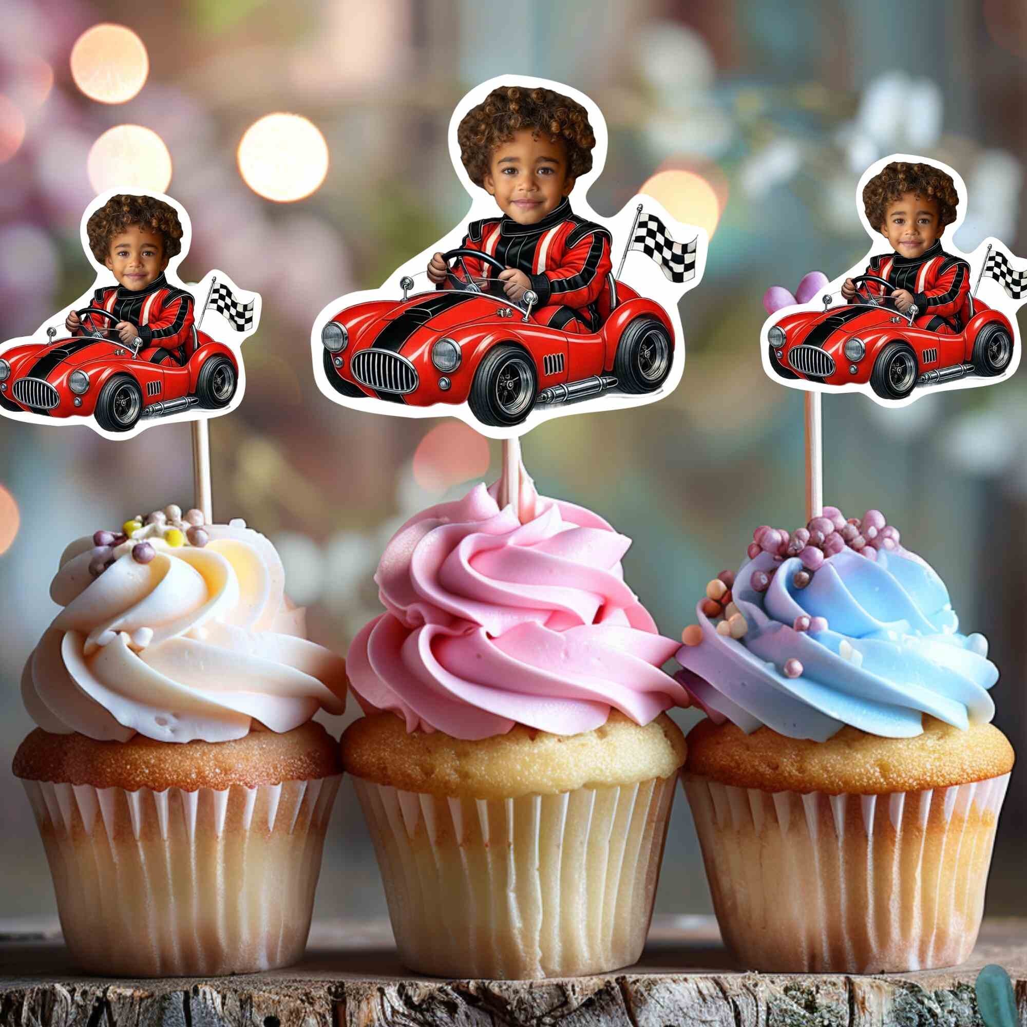 Race Car Photo Cupcake Toppers Personalized, Black Boy Face Red Car ...