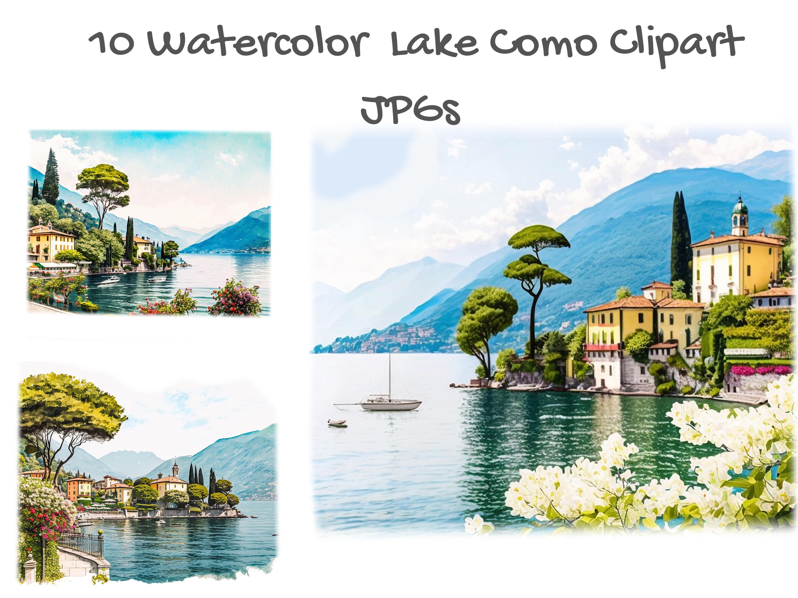 10 Watercolor Lake Como Clipart, High Quality Jpgs, Watercolor Clipart ...
