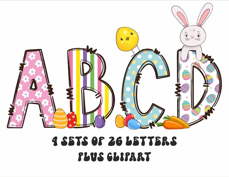 4 Set Easter Alphabet PNG, Easter Letters, Easter Doodle, Easter Eggs ...