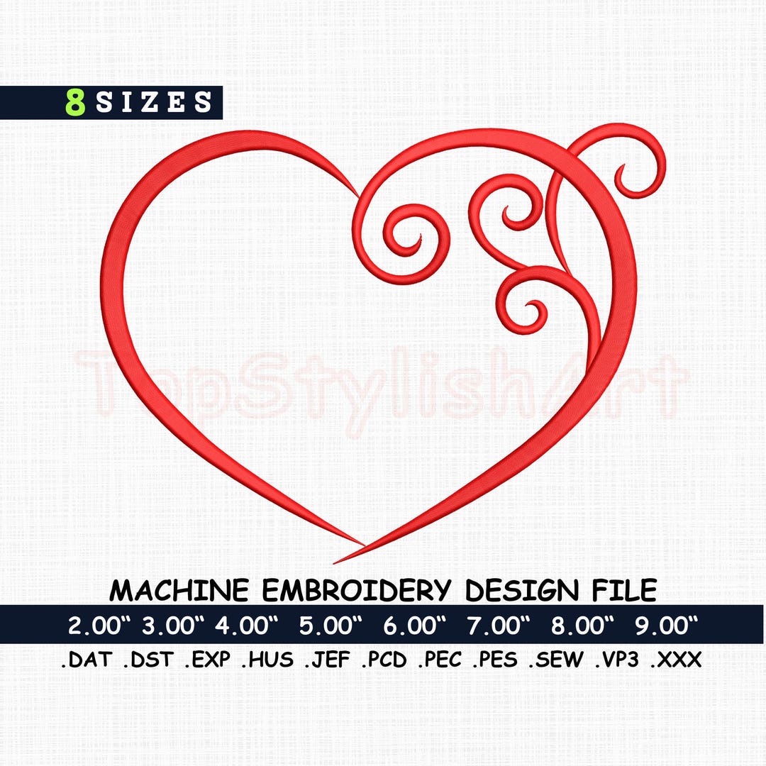 Heart Machine Embroidery Design, 8 Sizes Swirled Heart Embroidery ...