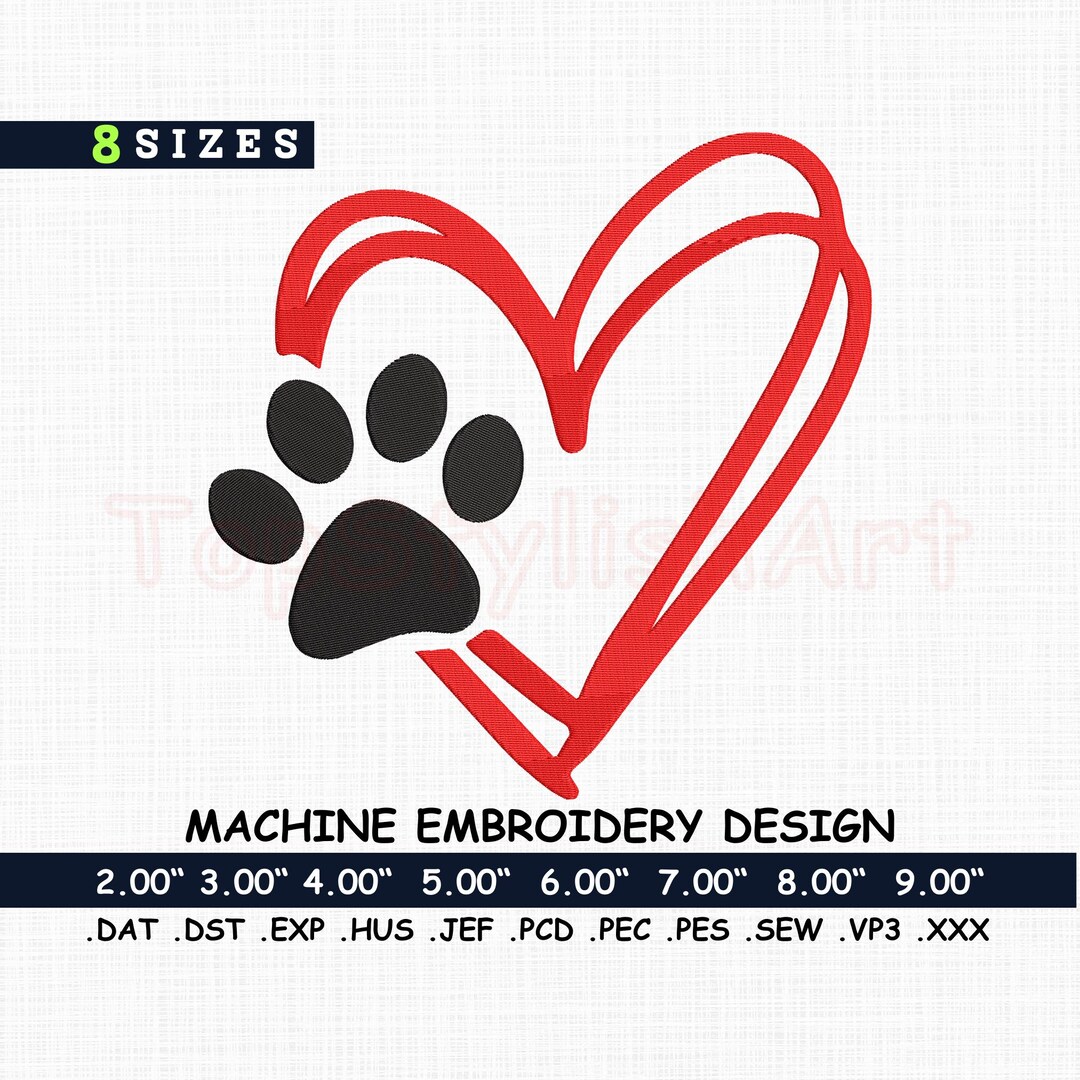 Heart & Paw Print Embroidery Design, Pet Lover's Digitized Pattern, Paw ...