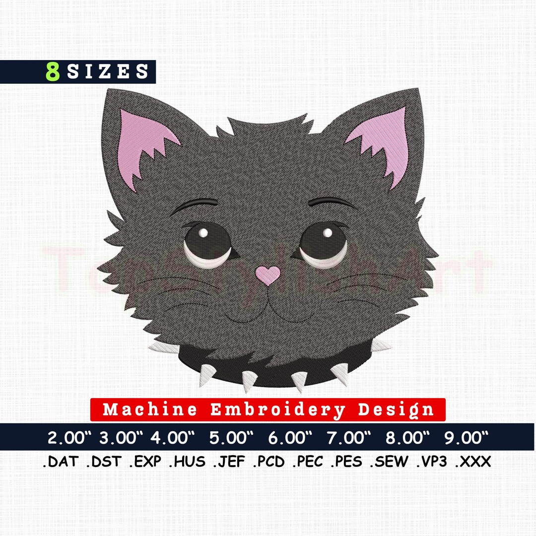 Cute Kitten Machine Embroidery Design, Spiked Collar Cat Embroidery ...
