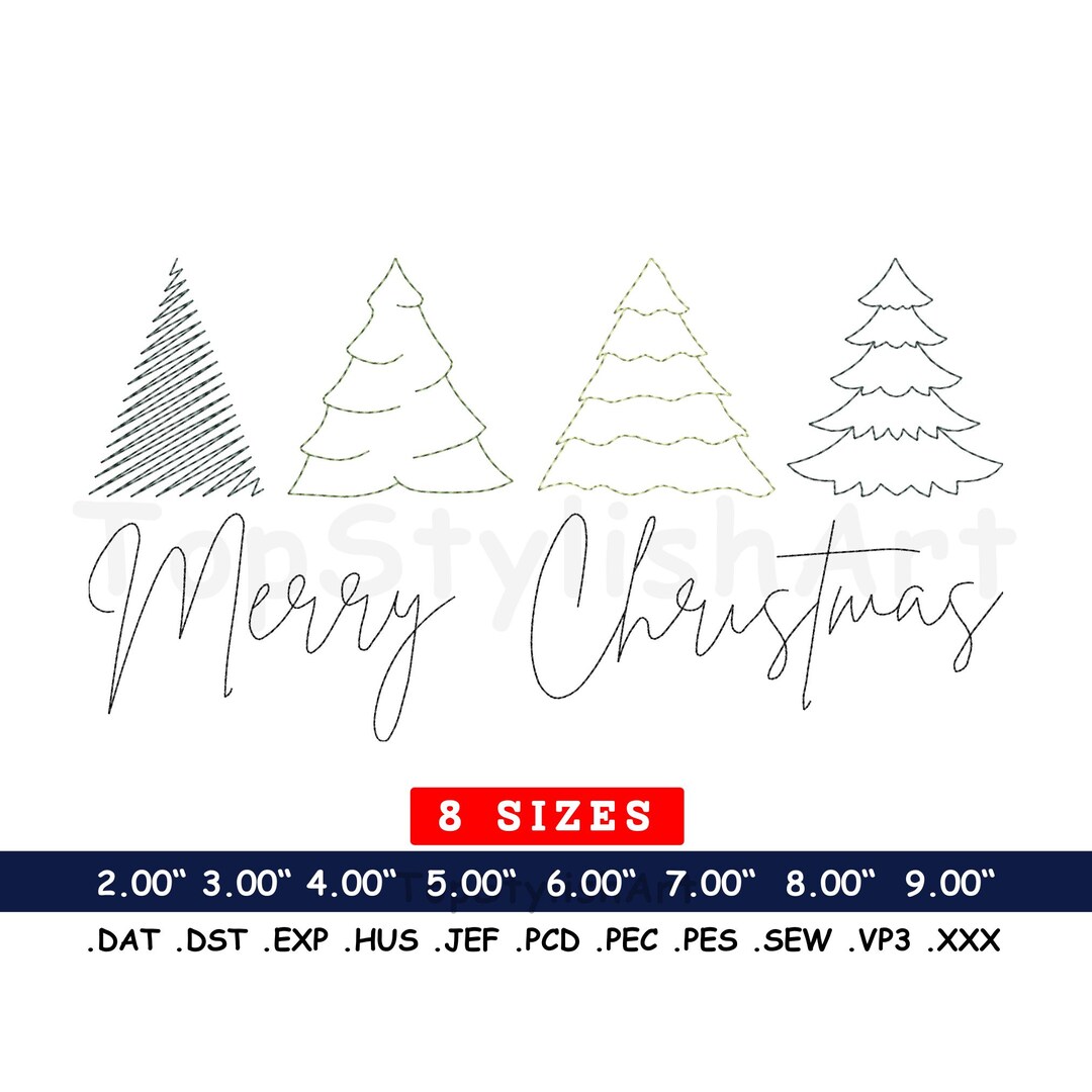 Christmas Trees Embroidery Design, Merry Christmas Line Art Machine ...