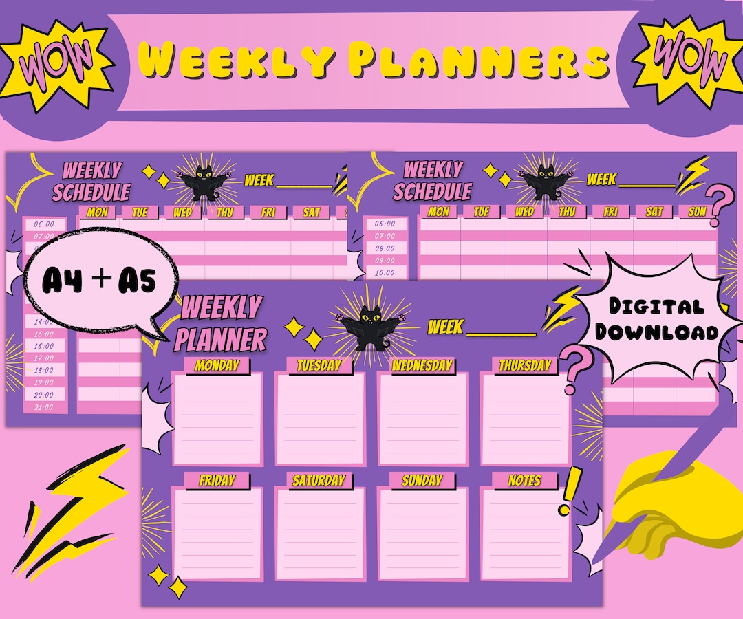 Cartoon Hourly Weekly Schedule, Weekly Planner Printable, Week at a ...