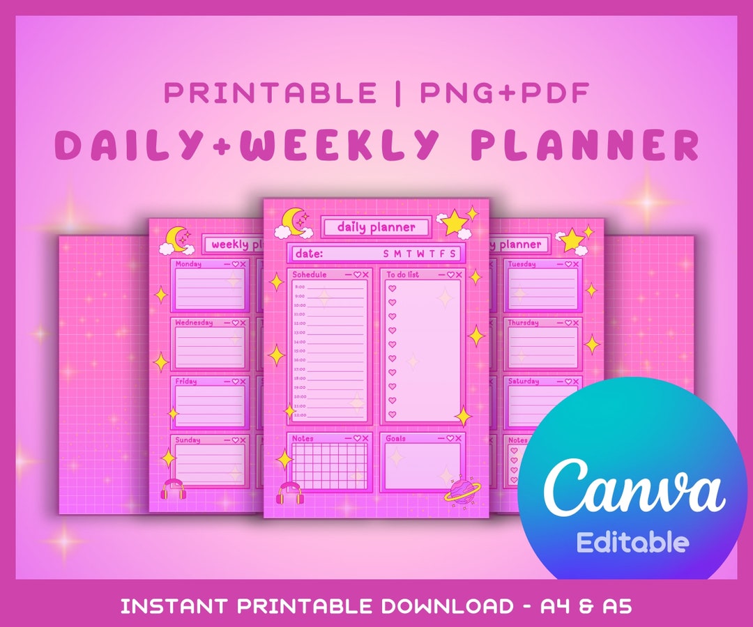 Daily Weekly Planner,editable on Canva,moon Stars,hourly Printable ...