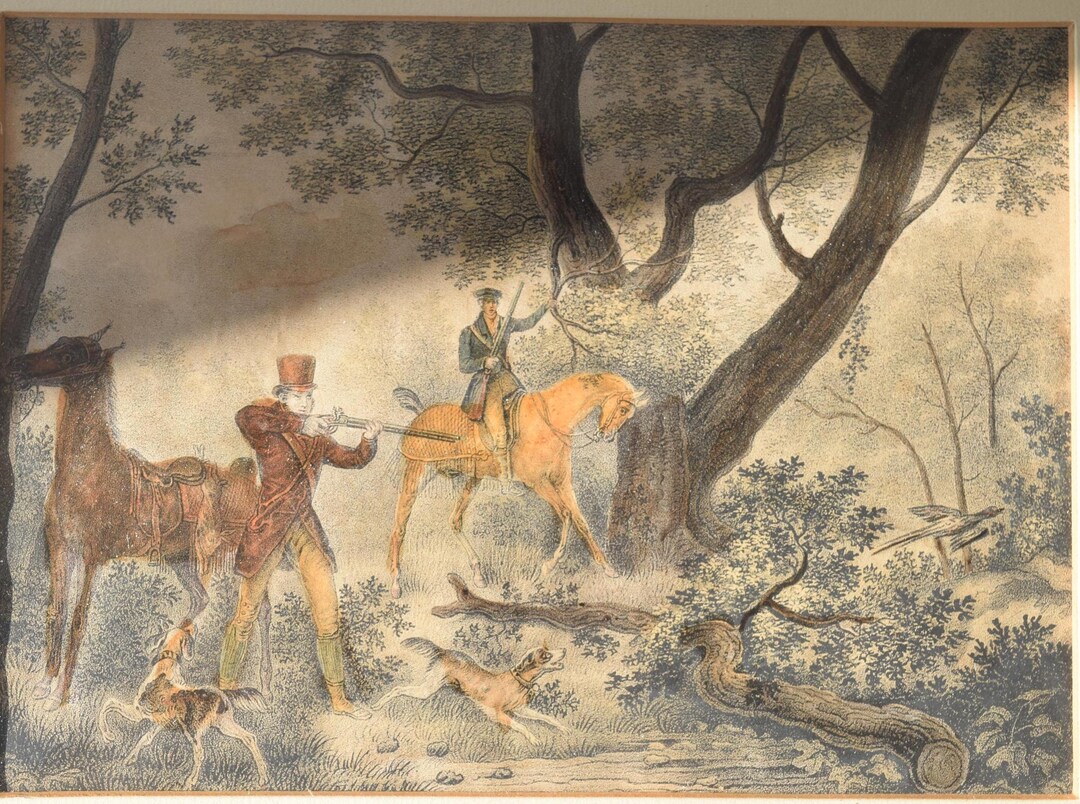 Antique Hand-colored Hunting Scene Engraving: 19th Century French ...