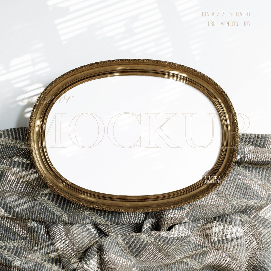 Antique Circle Frame Mockup, Old Gold Frame Lay on Cloth, Mid Century ...