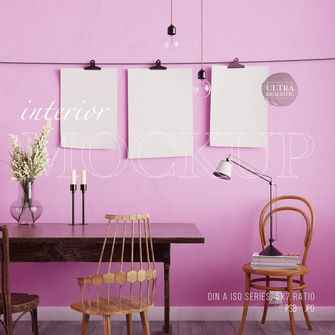 Three Posters Mockup, Vintage Pink Wall Interior Frame Mockup Vertical ...