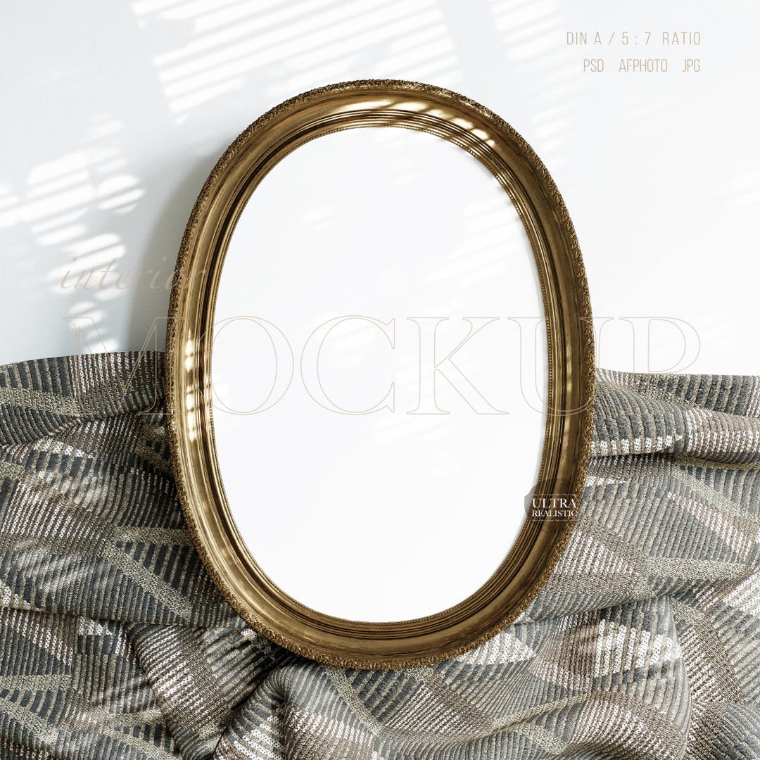 Antique Circle Frame Mockup, Old Gold Frame Lay on Cloth, Mid Century ...