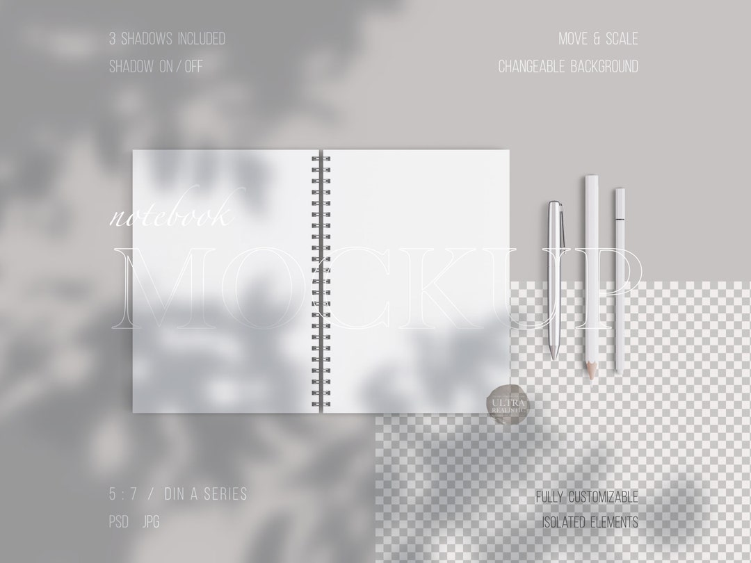Opened 5x7 Spiral Notebook Mockup, Customizable Journal Mockup, Simple ...