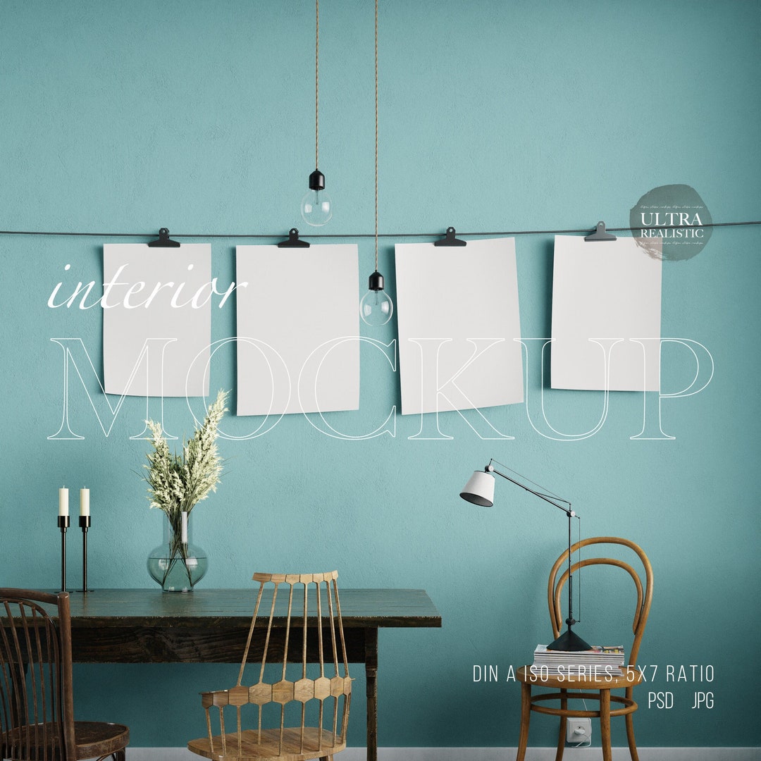 Four Posters Mockup, Set of 4 Posters Vintage Interior Frame Mockup ...