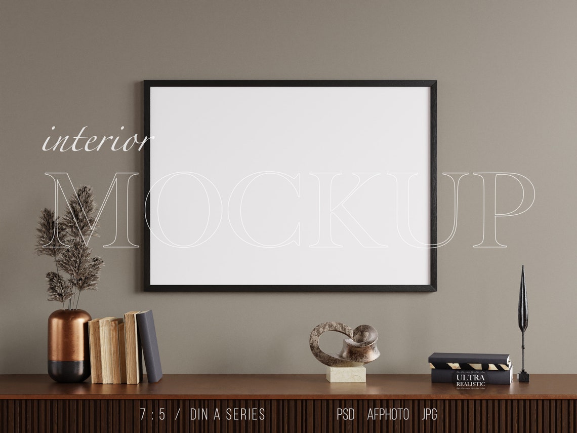 7x5 Landscape Frame Mockup, Luxury Dark Room Mockup, Black Wood Frame ...