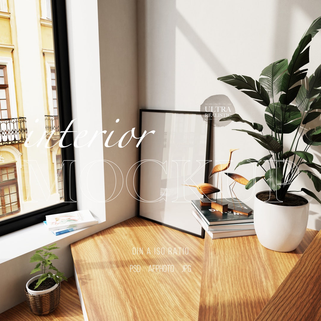 Thin Black Frame Mockup at Corner Frame Mockup on Staircase by the Window Interior, Glass ...