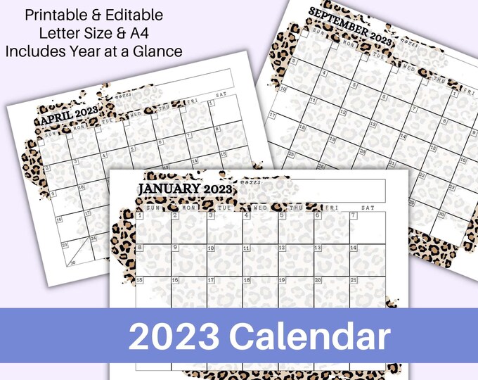 2023 Printable Calendar, Leopard Print, Leopard Calendar 2023, Monthly ...