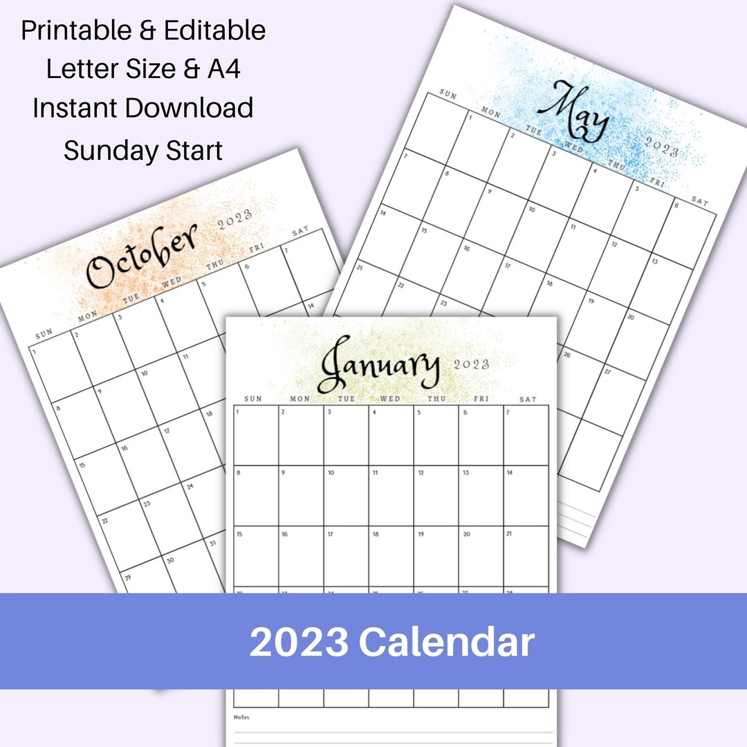 2023 Calendar, Printable Editable Portrait Calendar, Color Mist ...