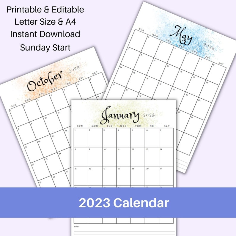 2023 Calendar, Printable Editable Portrait Calendar, Color Mist ...